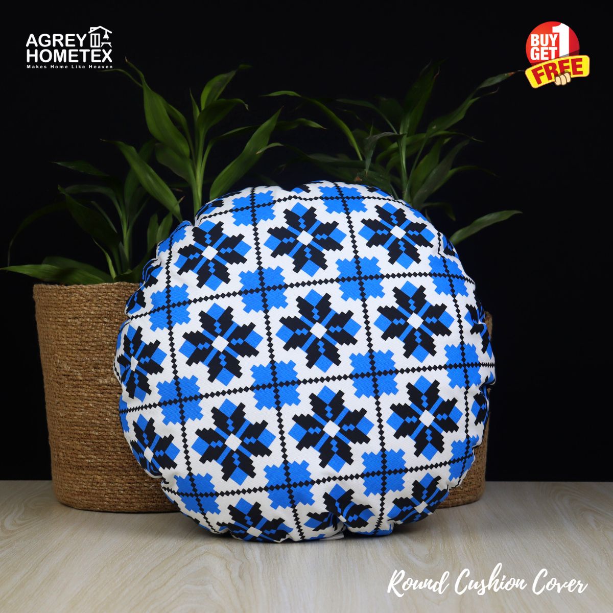 Exclusive Round Cushion Cover, Blue & Black (18″x18″) Buy 1 Get 1 Free ...