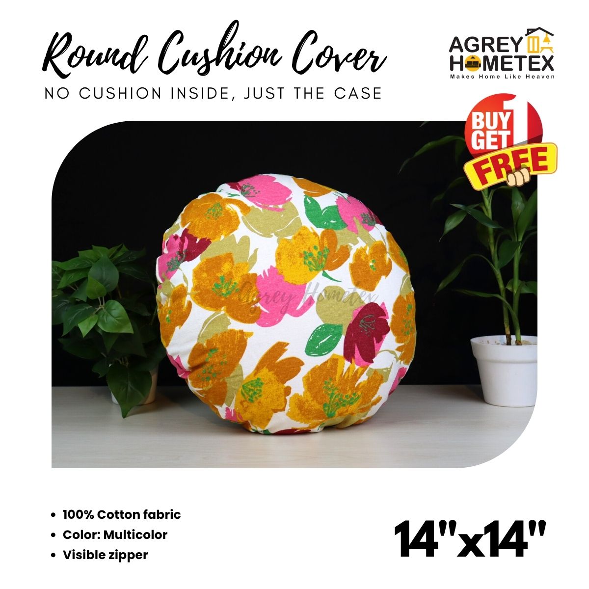 Round Cushion Cover, Multicolor, (14″x14″) Buy 1 Get 1 Free_78697 ...